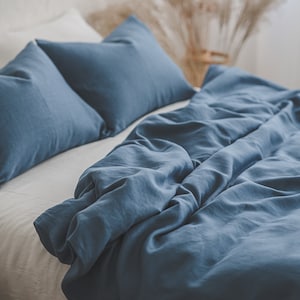Cornflower Blue Linen Duvet Cover With Coconut Buttons, Natural Soft ...