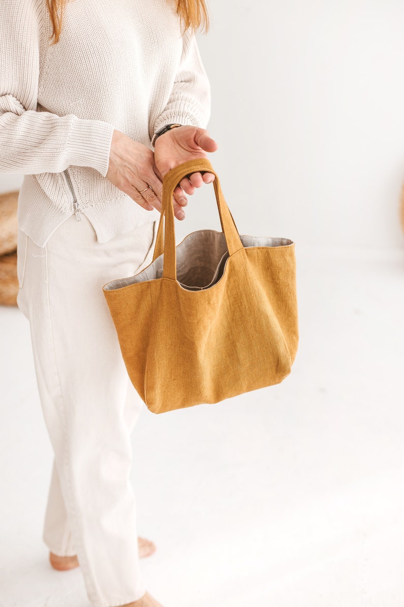 Small Linen Bag, Natural Linen Handbag, Camel Linen Bag, Zero Waste ...
