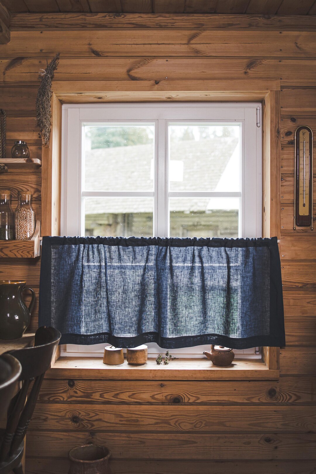 Midnight Blue Linen Cafe Curtain – Classic Light-filtering Window Panel ...