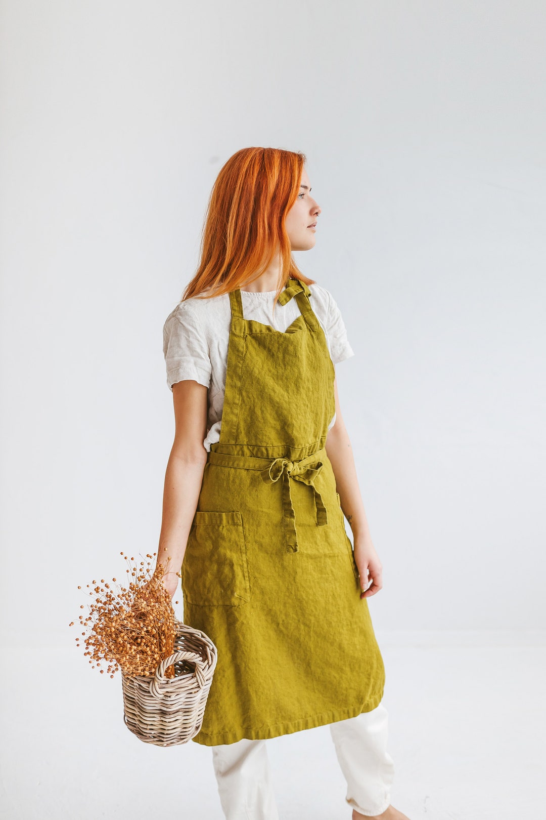 Natural Linen Apron in Olive Green, Full Linen Apron for Women and Men ...