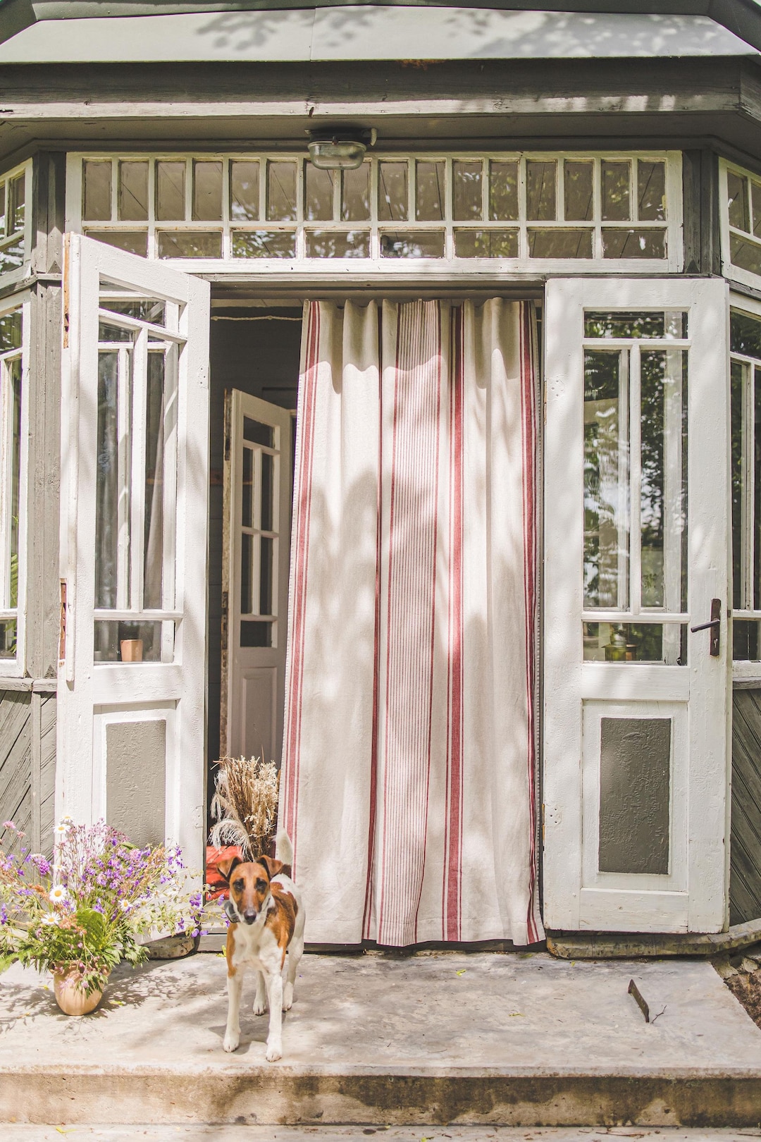 French Style Linen Curtain With Cherry Red Stripes, Natural Heavyweight ...