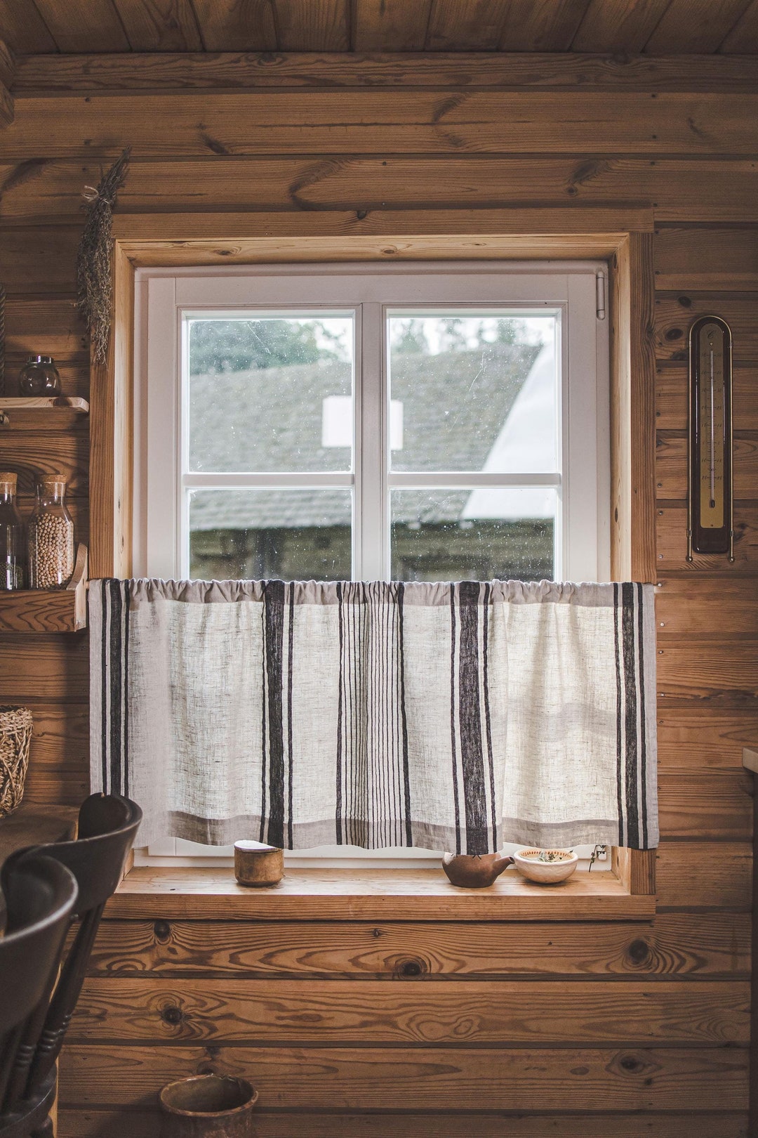 Rustic French Linen Café Curtain – Farmhouse Window Treatment, Natural ...