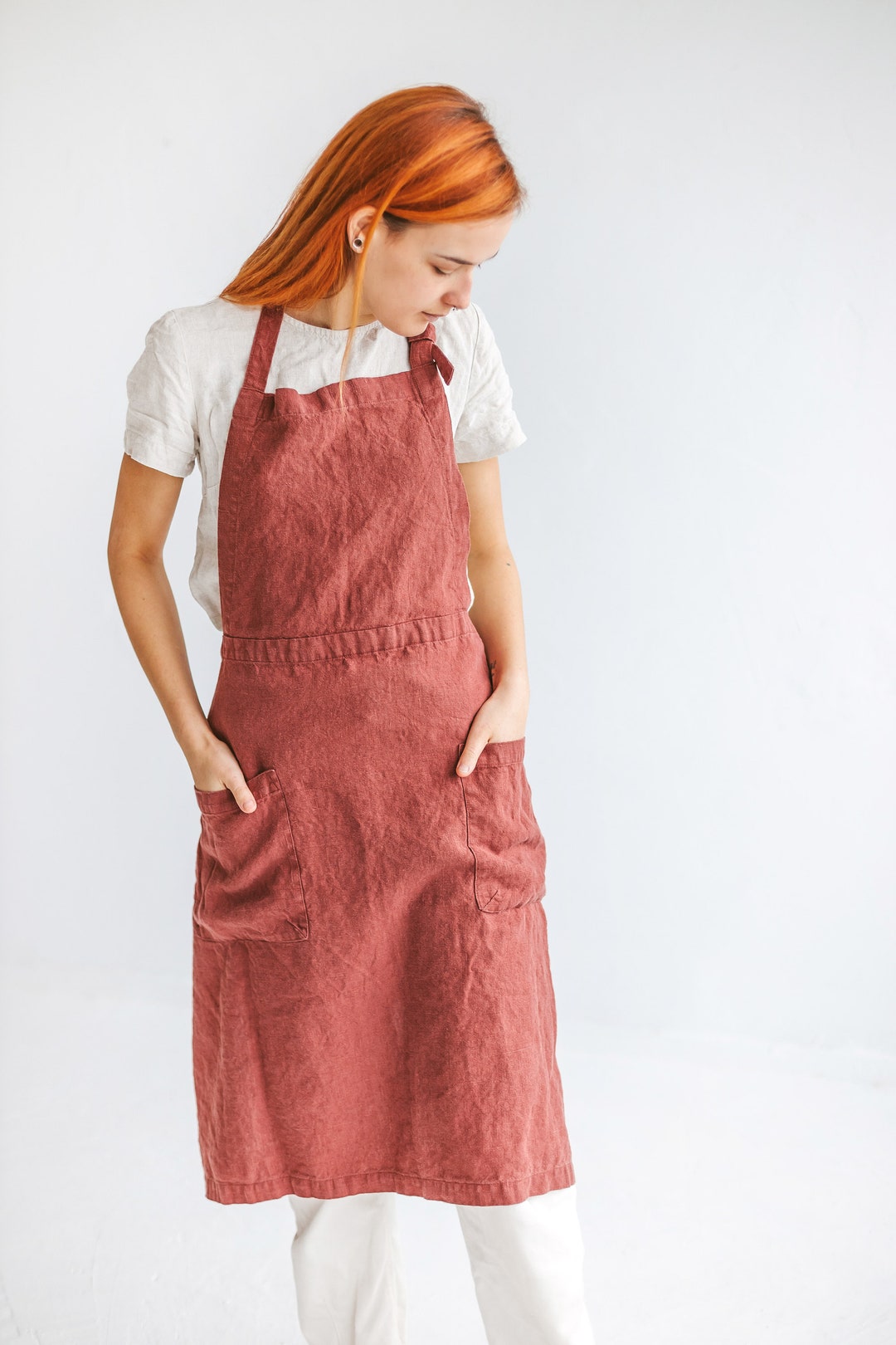 Linen Apron in Terracotta, Full Linen Apron With Pockets, Traditional ...