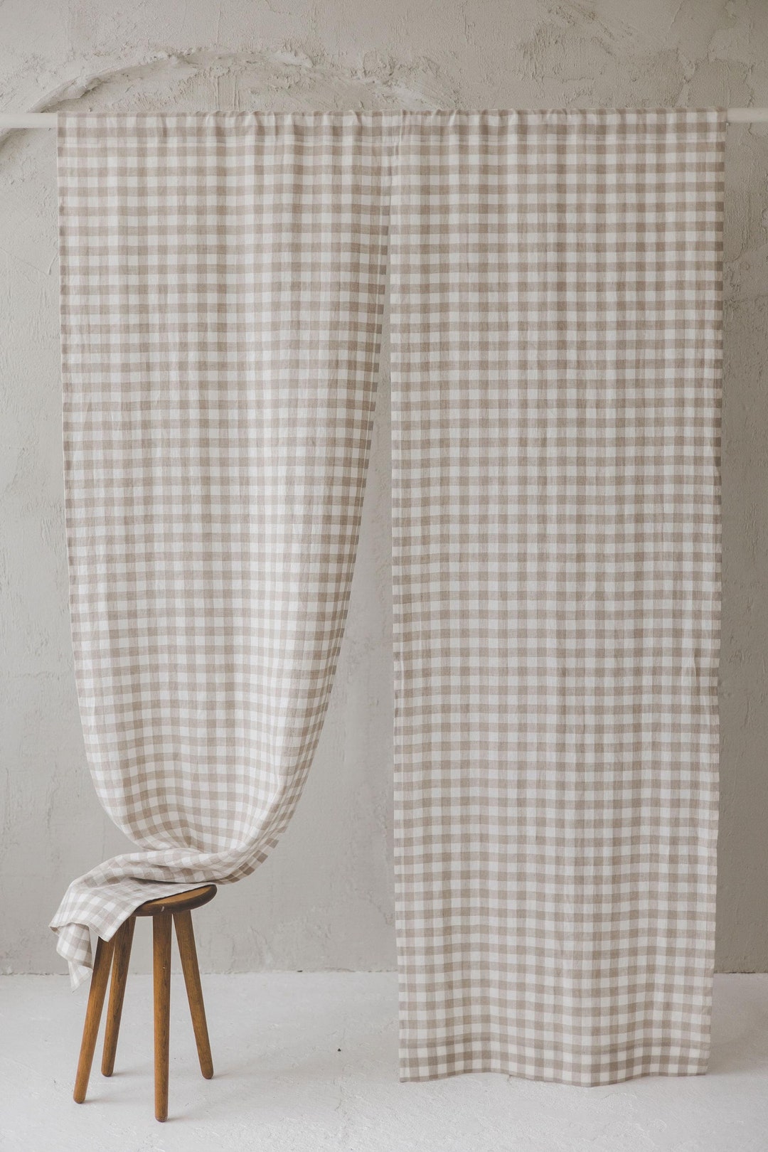 Checkered Linen Noren Curtain, White & Natural Pattern, Handcrafted ...