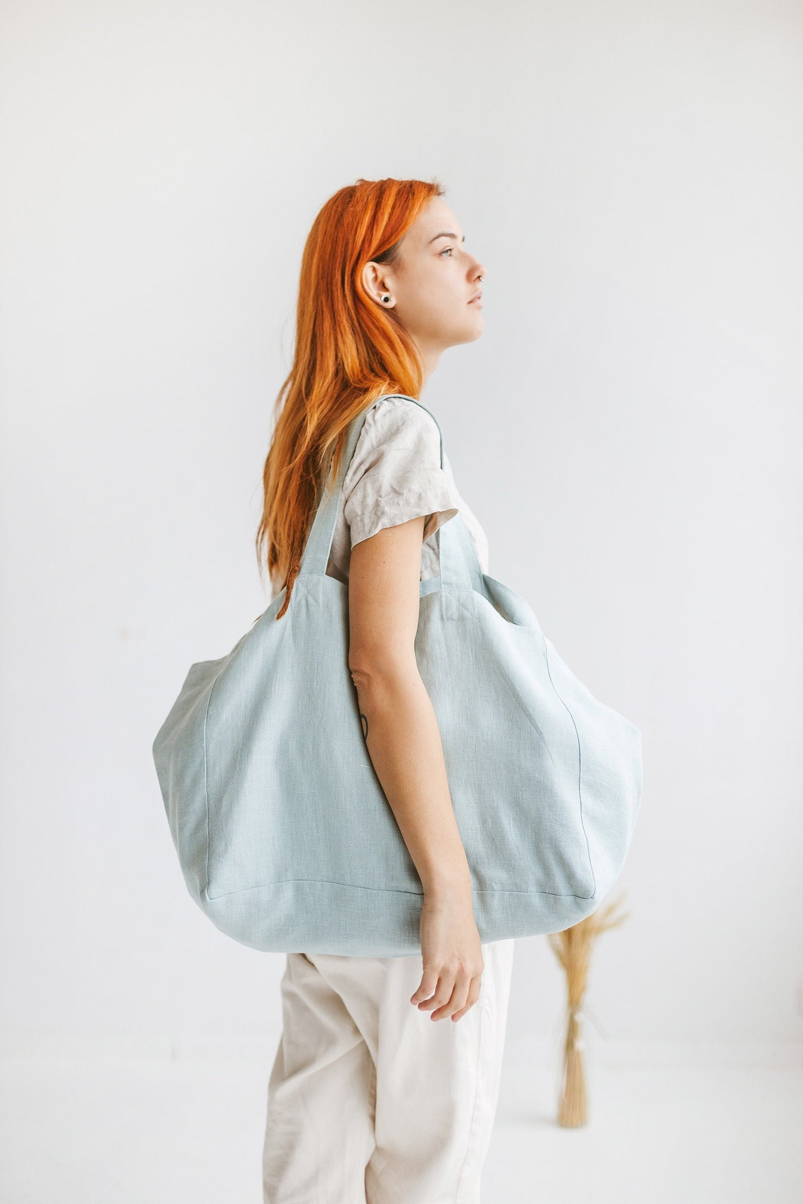 Ocean Linen Beach Bag Large Linen Bag in Sky Blue Natural | Etsy