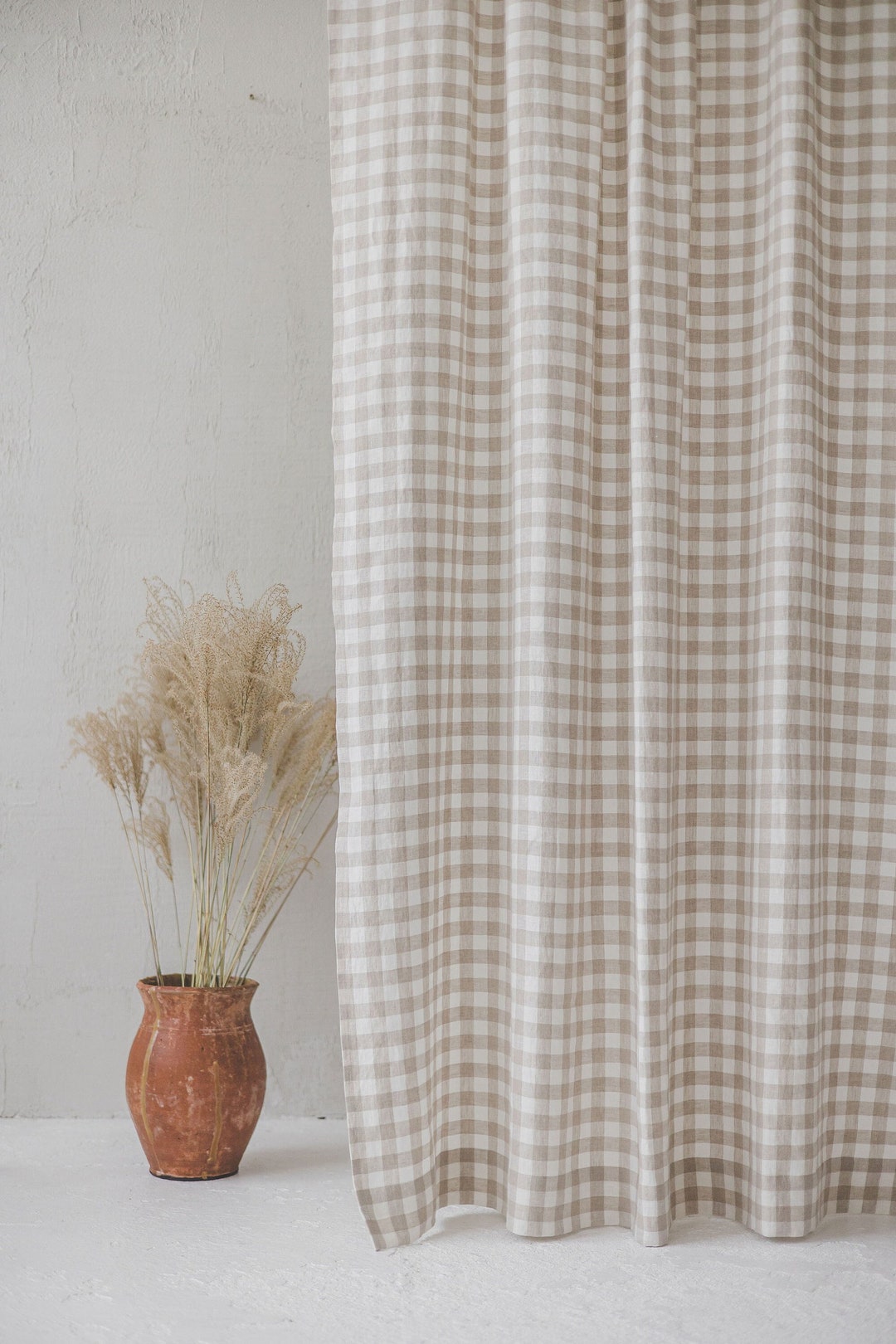 White/natural Checkered Linen Curtain for Rustic Charm, Handmade ...
