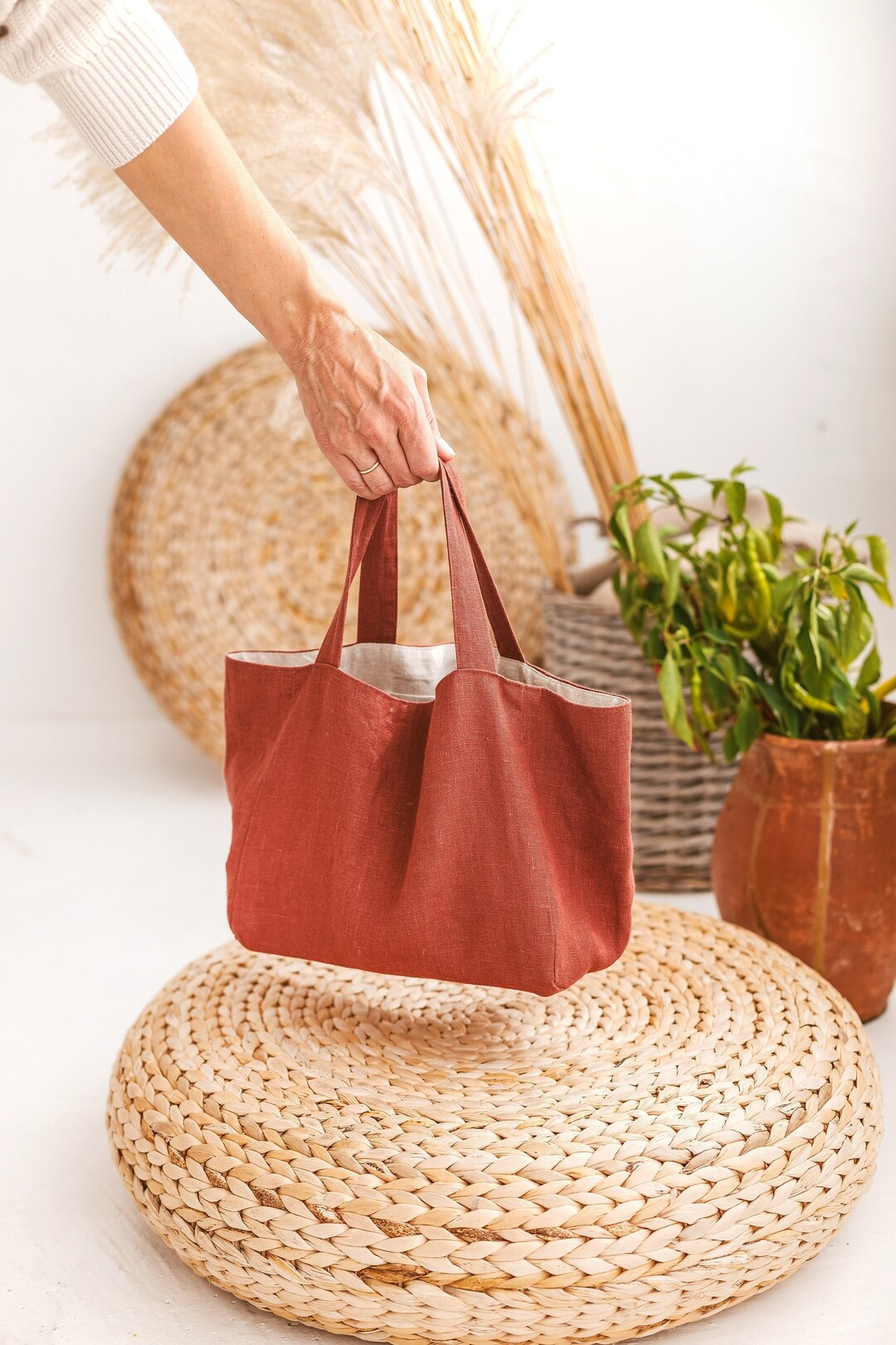 Terracotta Linen Bag, Handmade Linen Bag, Sustainable Linen Bag for ...