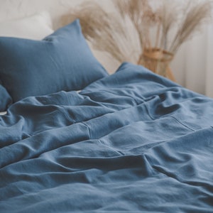 Cornflower Blue Linen Duvet Cover With Coconut Buttons, Natural Soft ...