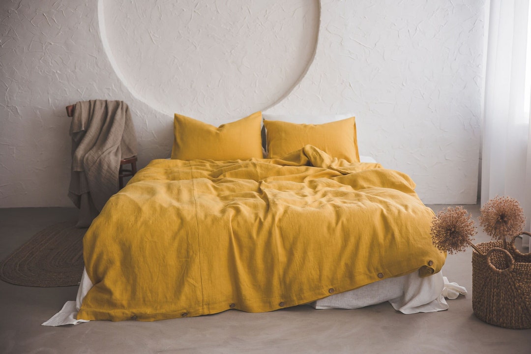 Mimosa Yellow Linen Duvet Cover With Coconut Buttons, Premium Quality ...
