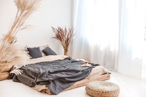Natural Linen Bedspread Large Linen Throw Blanket Dark Grey - Etsy