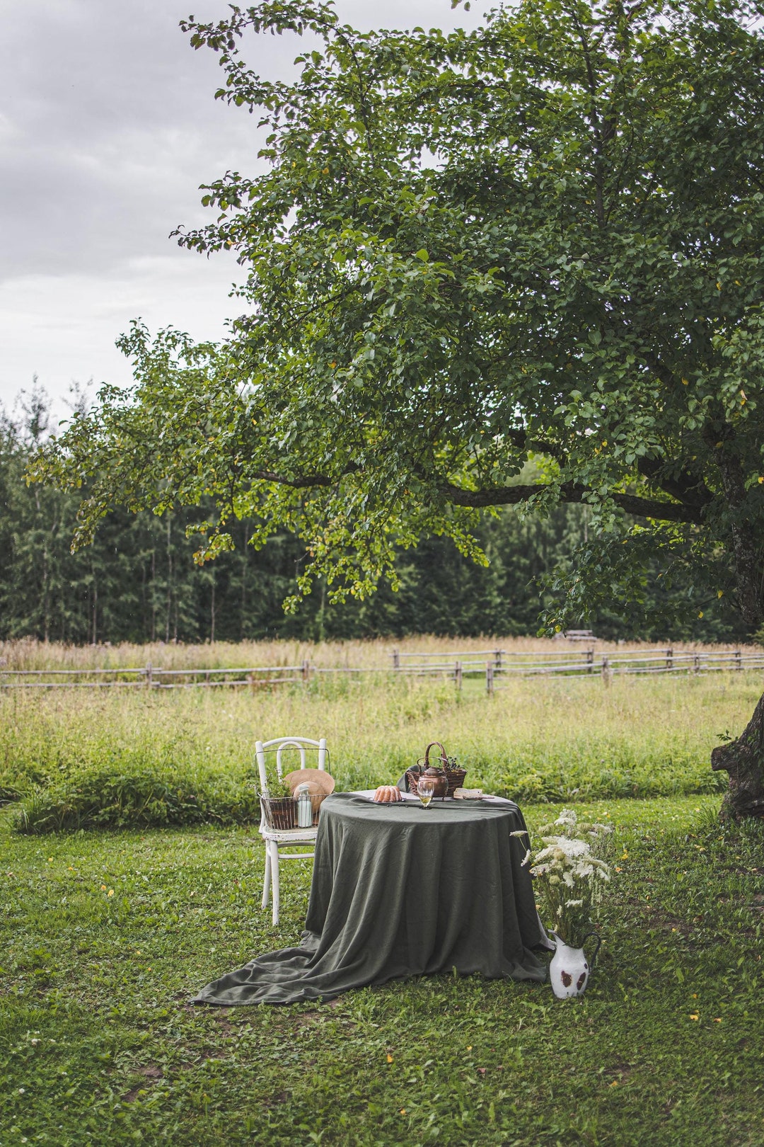 Forest Green Linen Tablecloth, Farmhouse Natural Linen Tablecloth ...
