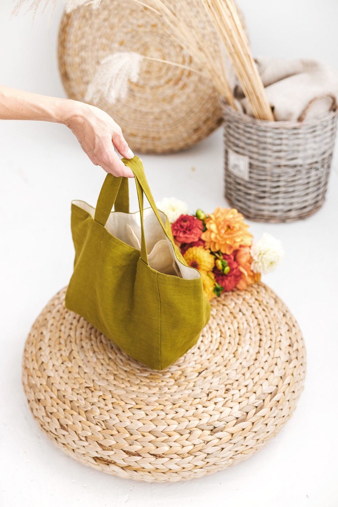 Olive Green Linen Bag, Small Linen Bag With Pocket, Organic Linen Bag ...