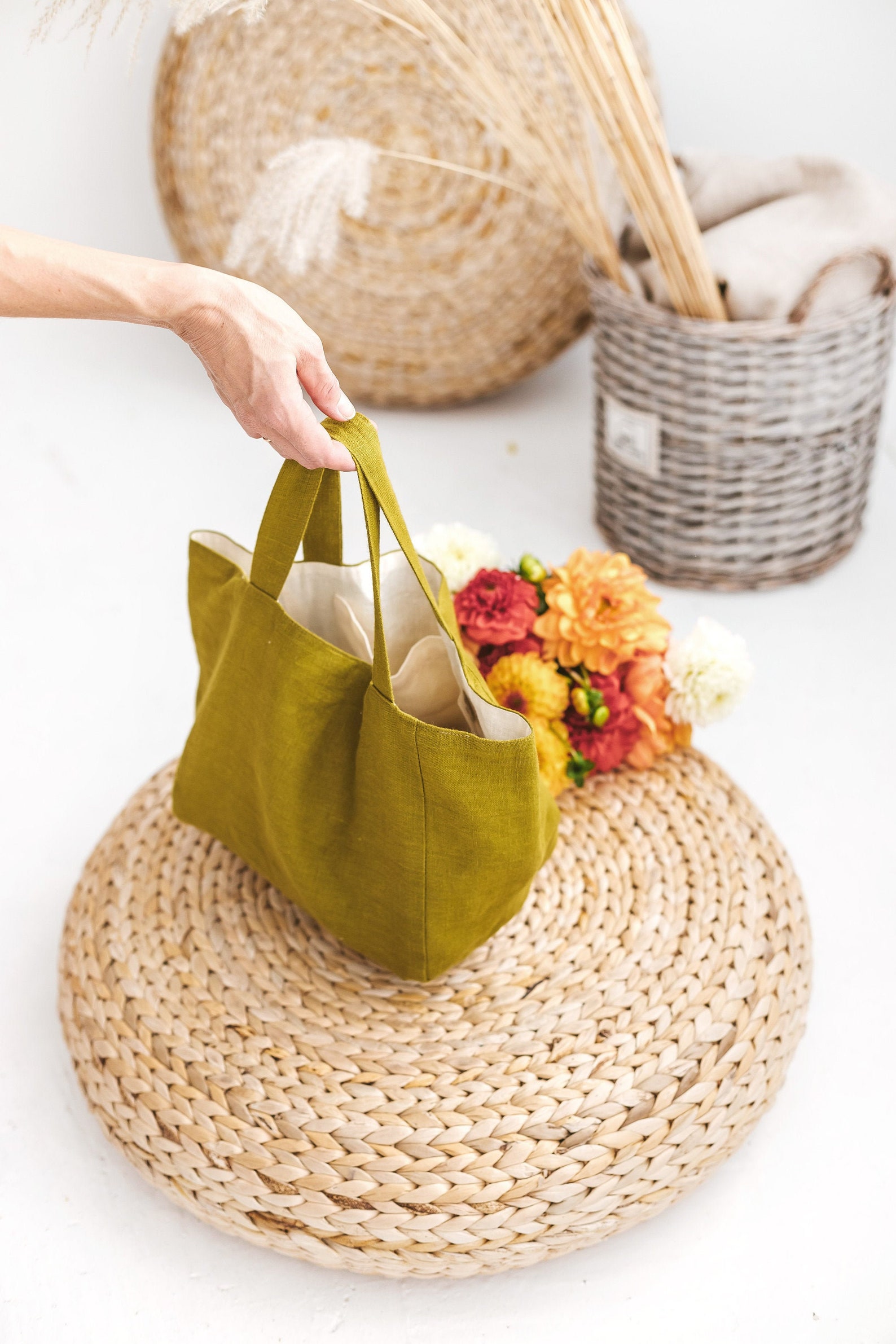 Olive Green Linen Bag, Small Linen Bag With Pocket, Organic Linen Bag ...