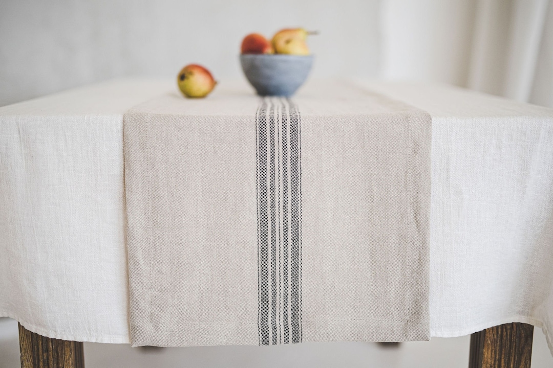 Rustic Linen Table Runner, Natural Linen Table Runner With Black Stripe ...