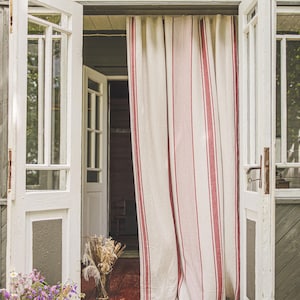 French Style Linen Curtain With Cherry Red Stripes, Natural Heavyweight ...