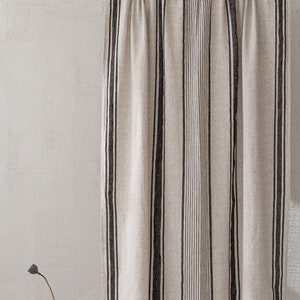 French Style Linen Curtain With Cherry Red Stripes, Natural Heavyweight ...