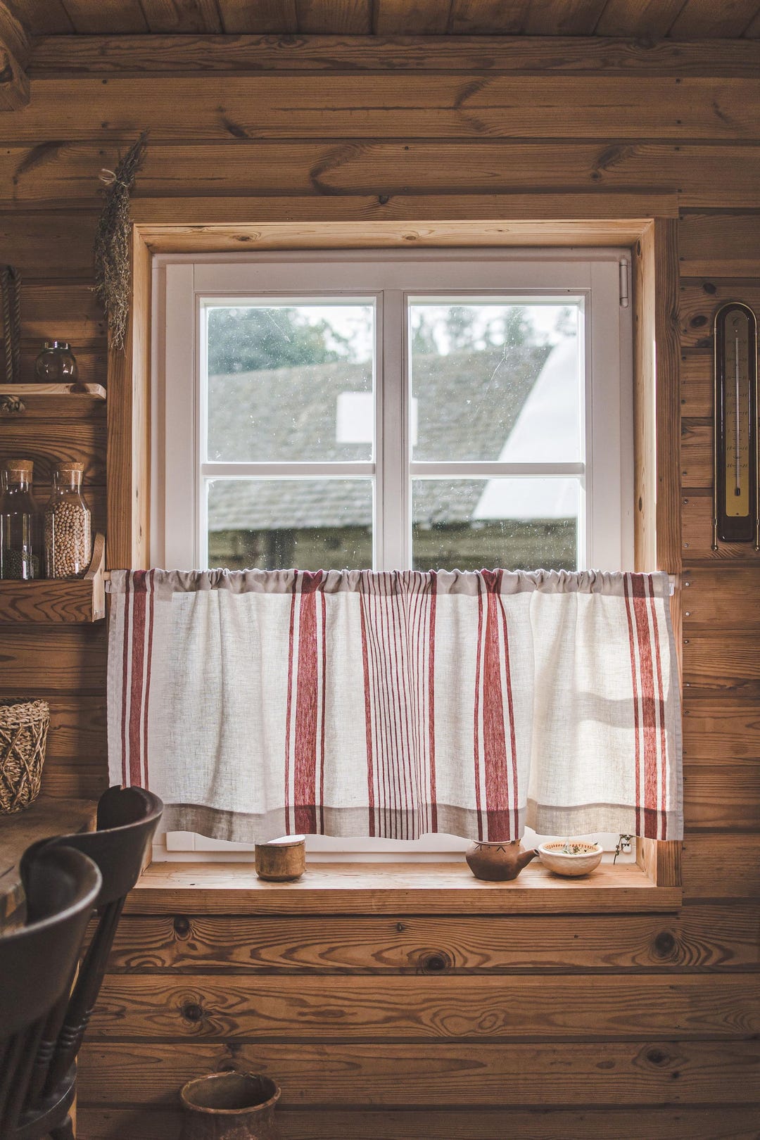 French Linen Café Curtain – Rustic Farmhouse Window Treatment for ...