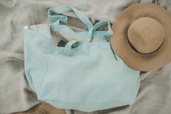 Ocean Linen Beach Bag Large Linen Bag in Sky Blue Natural | Etsy