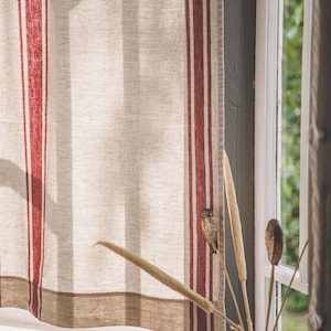 French Style Linen Curtain With Cherry Red Stripes, Natural Heavyweight ...