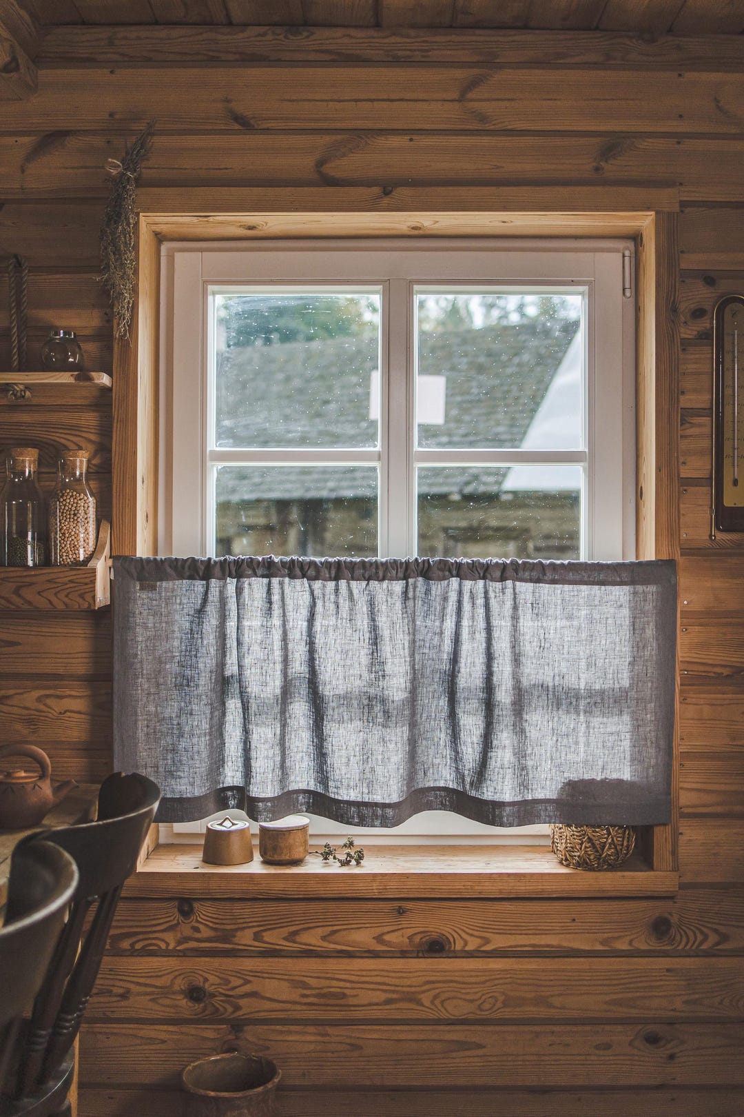 Grey Linen Café Curtain - Farmhouse Kitchen Curtain, Rod Pocket Window ...