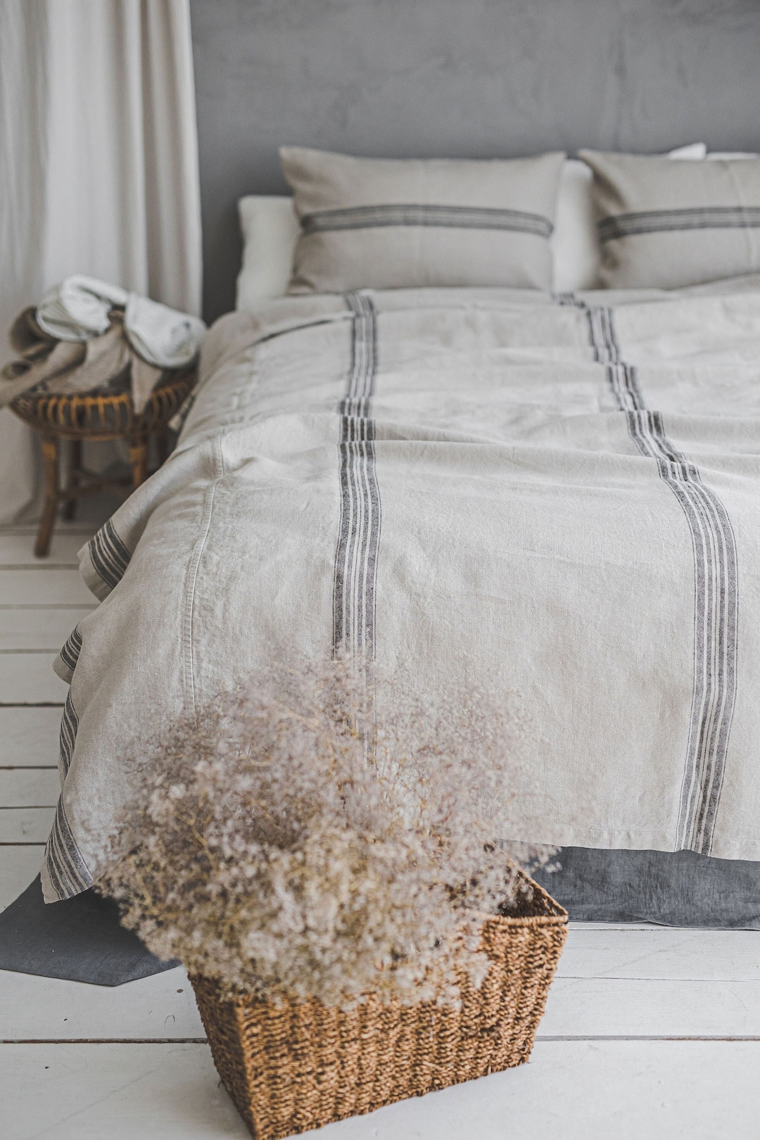 Heavyweight Softened Linen Bedspread With Black Stripes, Farmhouse ...