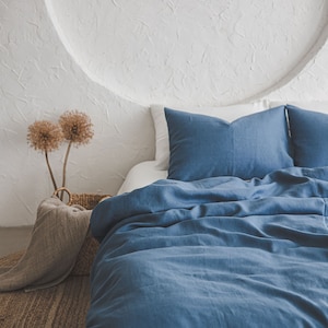 Cornflower Blue Linen Duvet Cover With Coconut Buttons, Natural Soft ...