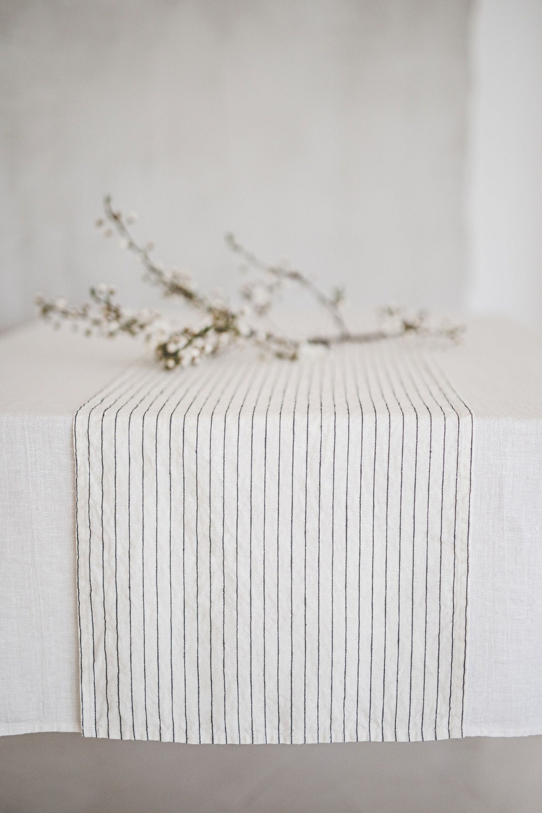 White Linen Table Runner With Black Stripes, Handmade Softened Linen ...