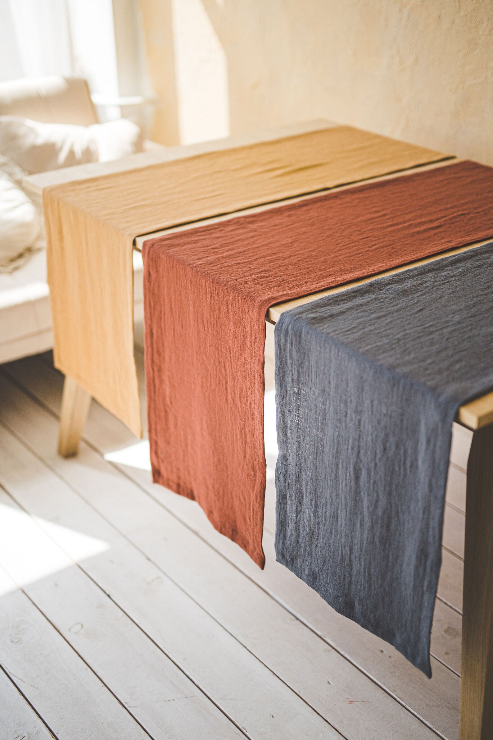 Softened Linen Table Runner With Mitered Corners, Handmade Heavyweight ...
