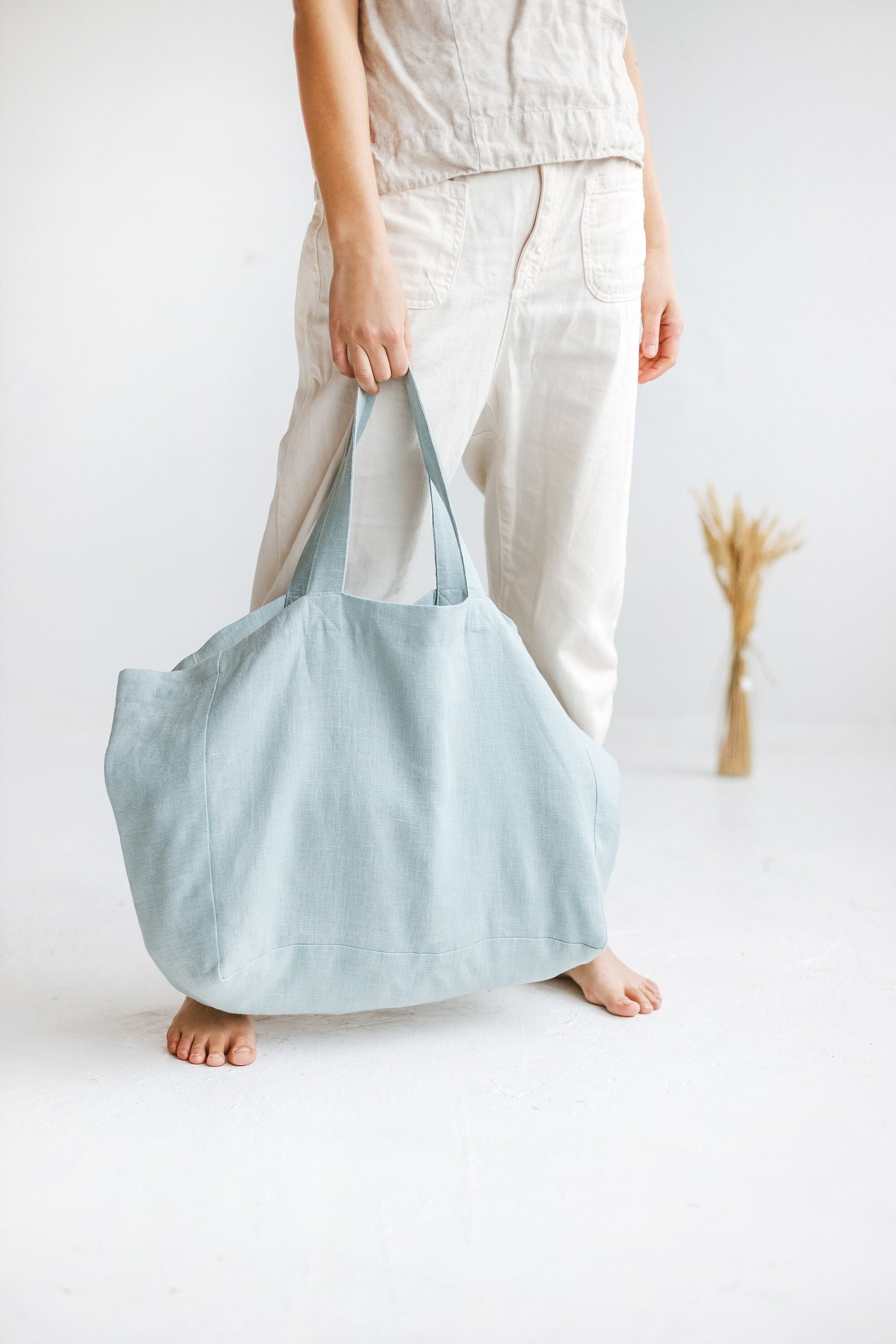 Ocean Linen Beach Bag, Large Linen Bag in Sky Blue, Natural Beach Bag ...