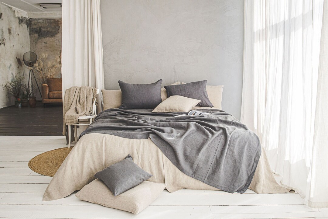 Natural Linen Bedspread, Large Linen Throw Blanket, Dark Grey Linen Bed ...