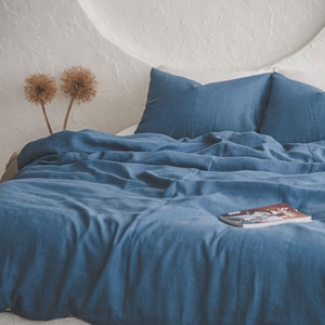 Cornflower Blue Linen Duvet Cover With Coconut Buttons, Natural Soft ...