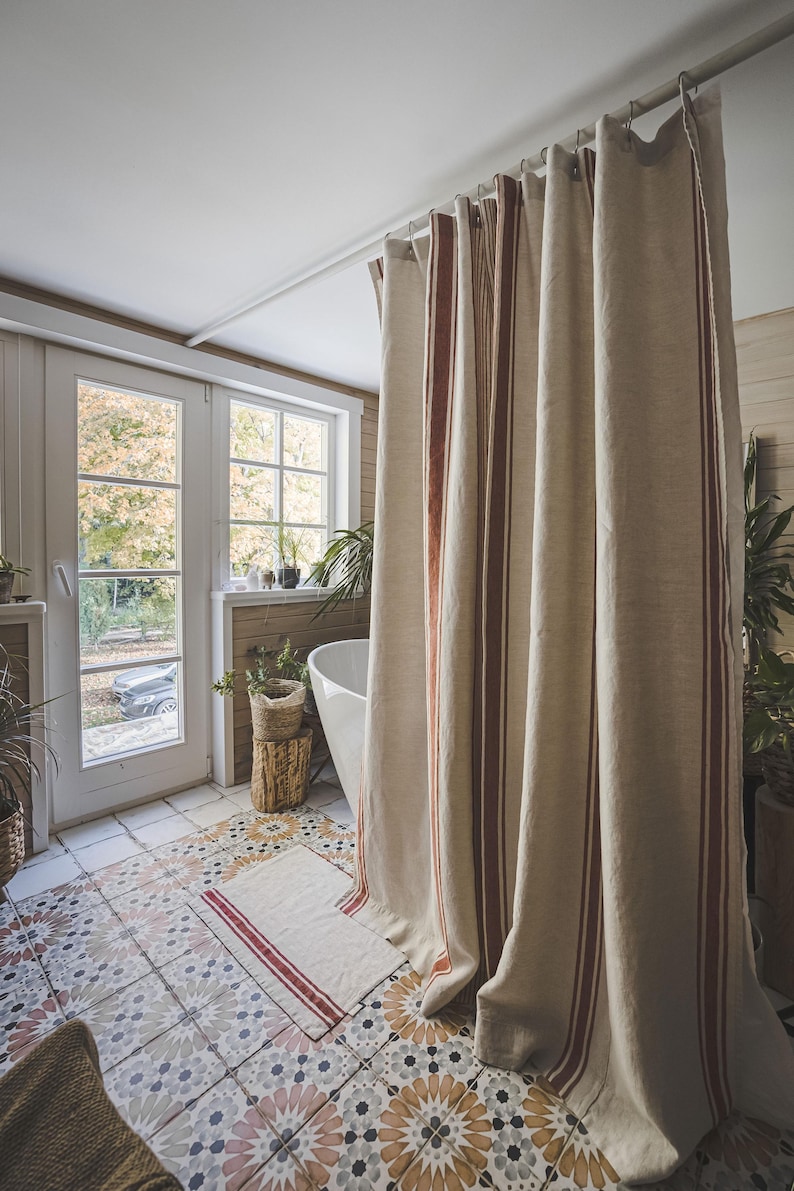 French Style Linen Shower Curtain – Striped Farmhouse Bathroom Curtain ...