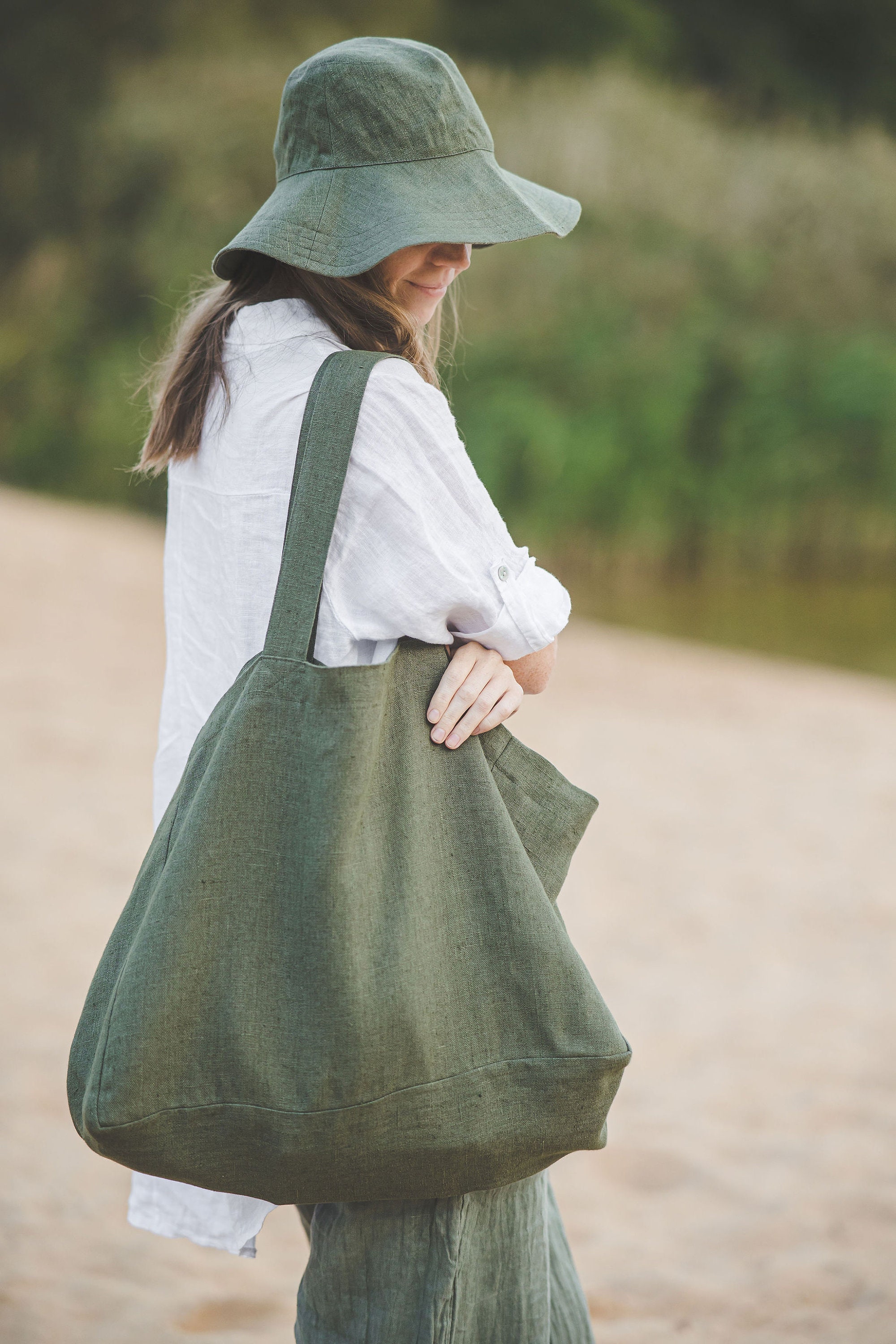 Forest Green Linen Beach Bag, Natural Linen Summer Bag With Lining ...
