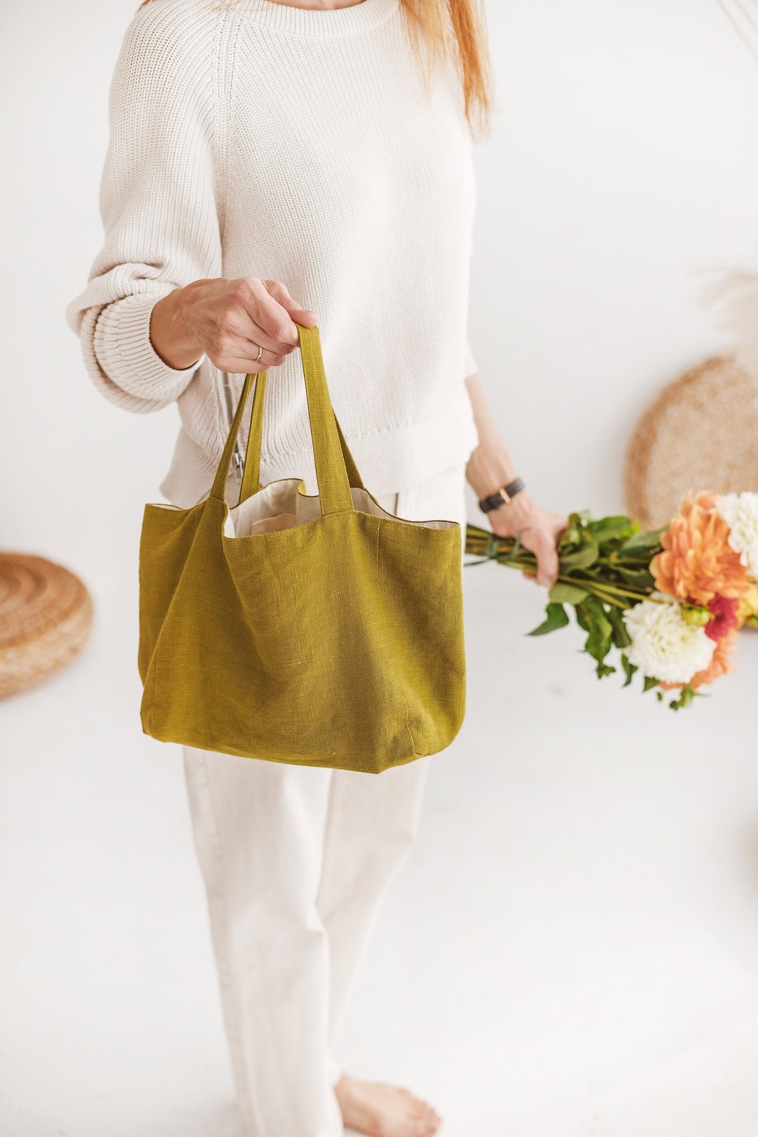 Olive Green Linen Bag, Small Linen Bag With Pocket, Organic Linen Bag ...