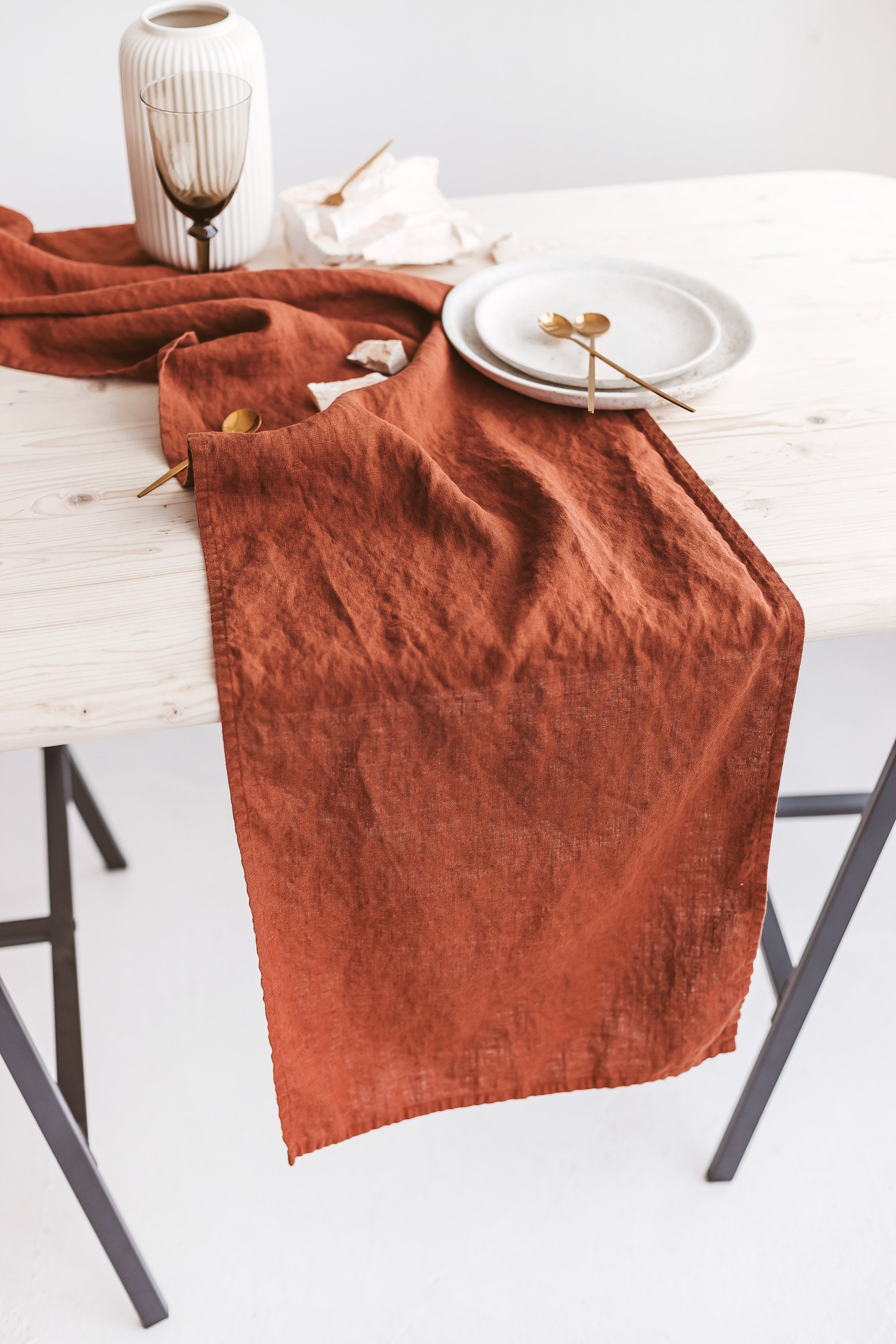 Burnt Orange Linen Table Runner, Washed Linen Table Runner, Rust Orange ...