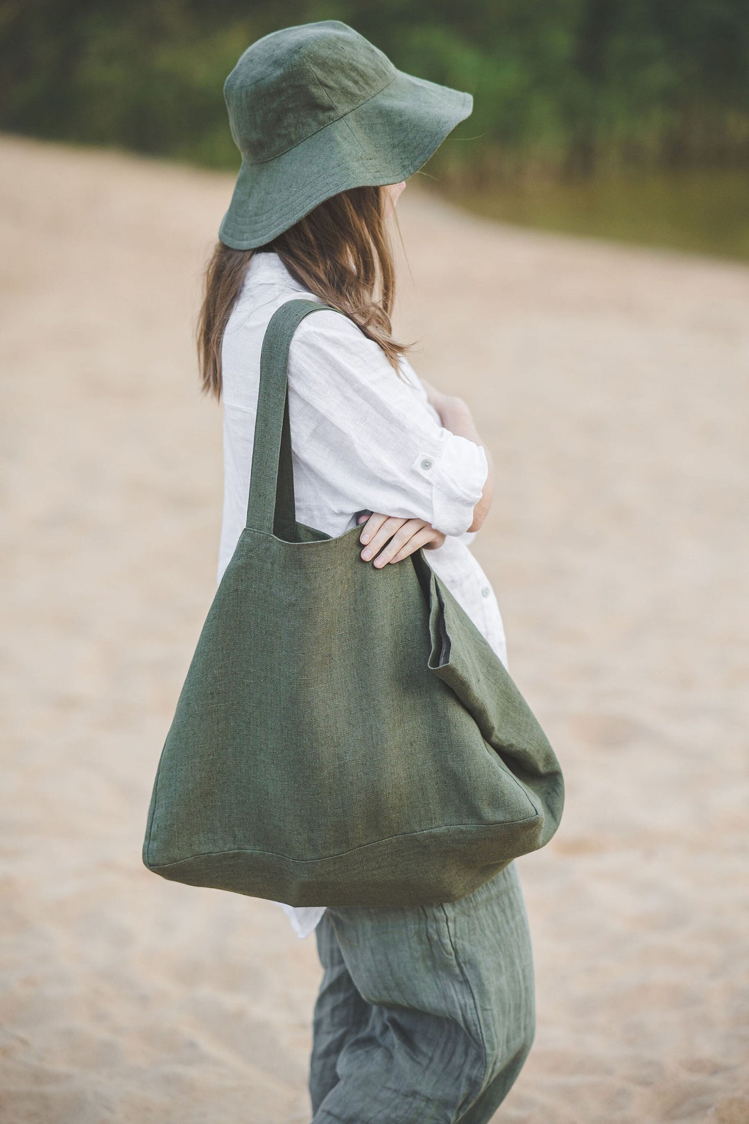 Forest Green Linen Beach Bag, Natural Linen Summer Bag With Lining ...