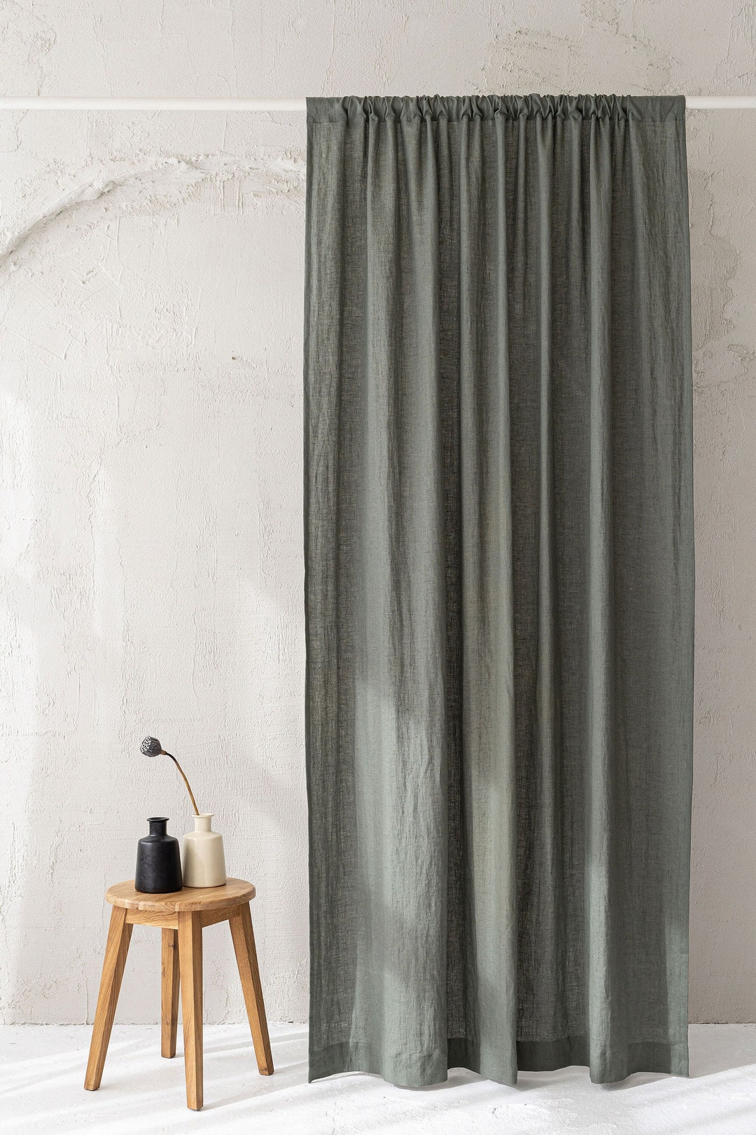 Gray Green Linen Curtain, Handcrafted Custom Linen Curtain, Natural ...