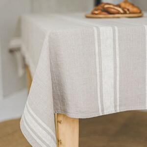 French Linen Tablecloth, Farmhouse Linen Tablecloth, Linen Dining Room Decor, Natural Striped ...