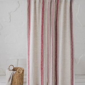 French Style Linen Curtain With Cherry Red Stripes, Natural Heavyweight ...