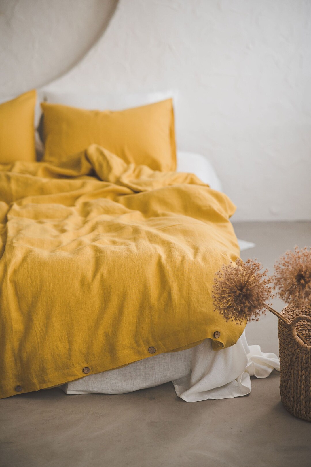 Mimosa Yellow Linen Duvet Cover With Coconut Buttons, Premium Quality ...