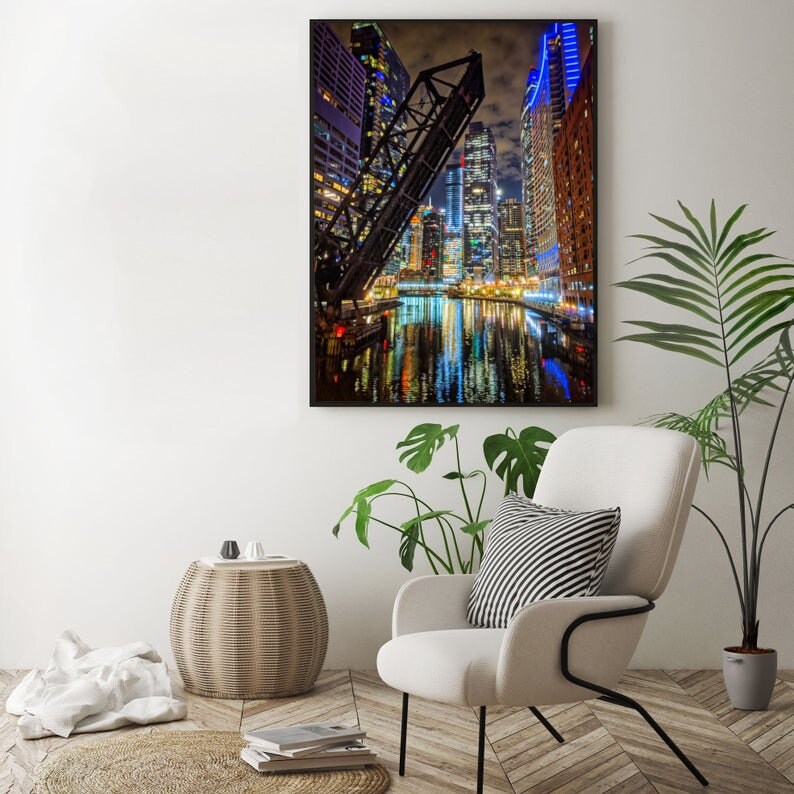Chicago River Canvas, Downtown Chicago Bridge Canvas, Chicago Skyline ...