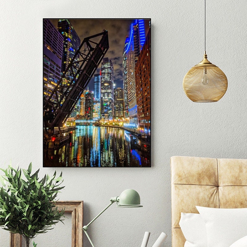 Chicago River Canvas, Downtown Chicago Bridge Canvas, Chicago Skyline ...