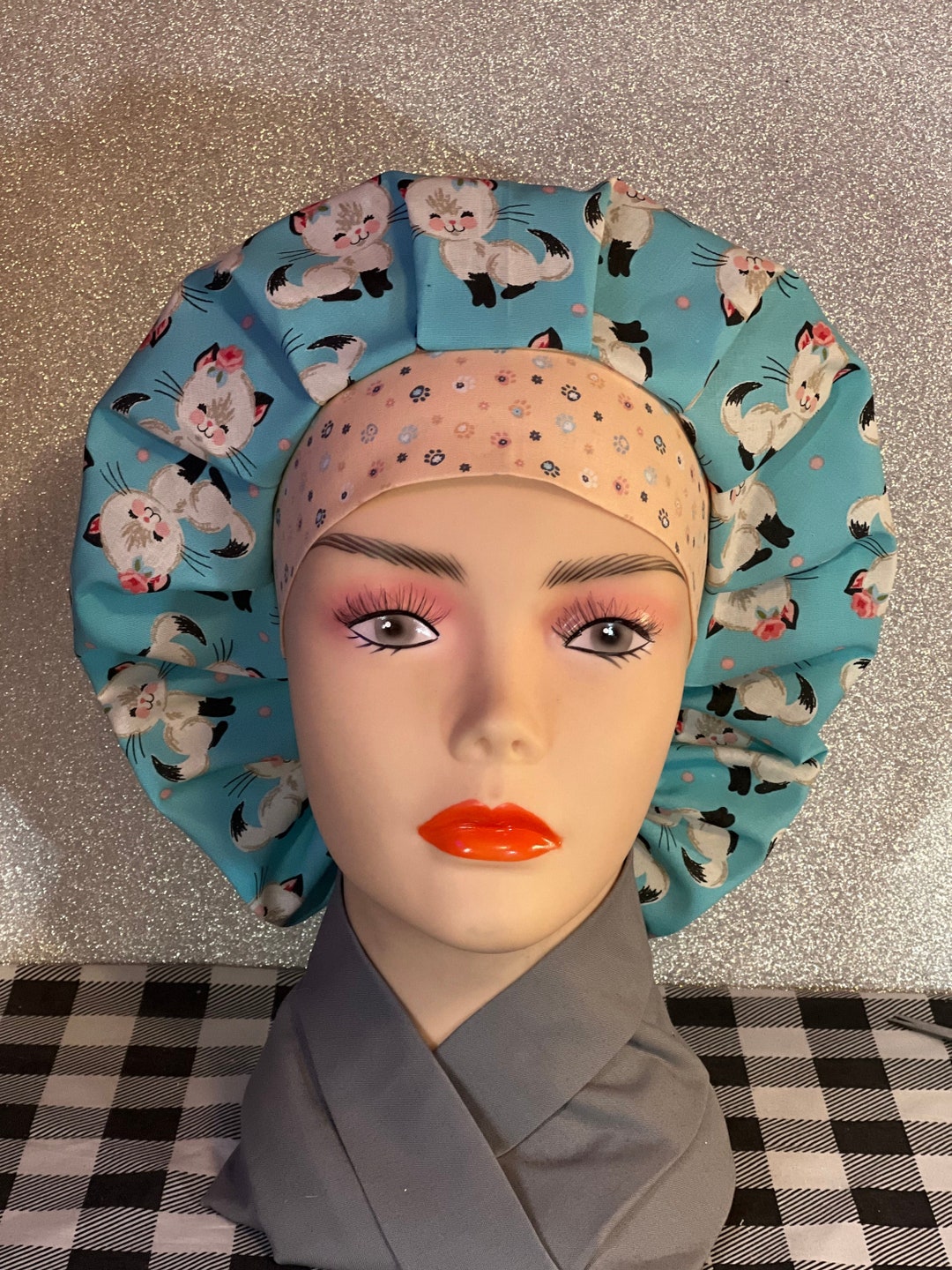 Cat With Rose Barrette Bouffant Style Scrub Cap, Scrub Cap, Scrub Hat ...
