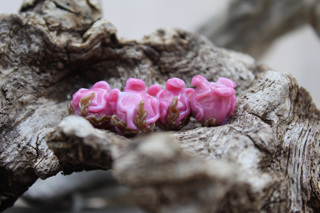 Lampwork Pink Rose Beads, Handmade Glass Rose Buds, Flower Glass Beads ...