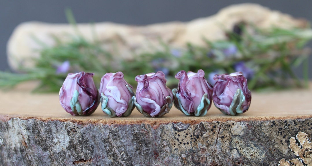Lampwork Pink Rose Beads, Handmade Glass Rose Buds, Flower Glass Beads ...