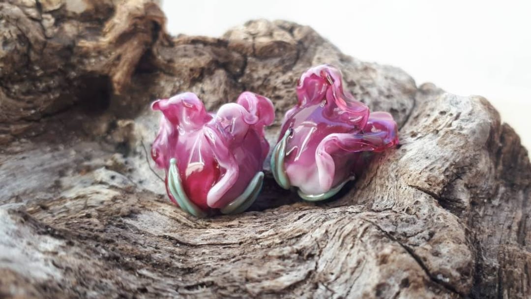 Lampwork Pink Rose Bead, Flower Glass Beads, Handmade Flower Beads, 1pc ...