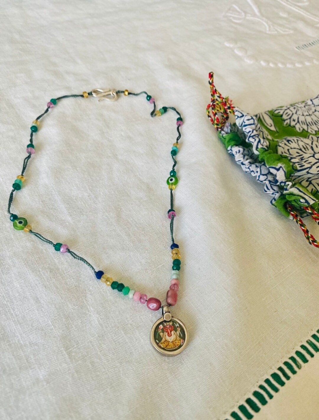Pushkar Necklace medium Silk Thread With Medallion buddha Set in a Semi ...