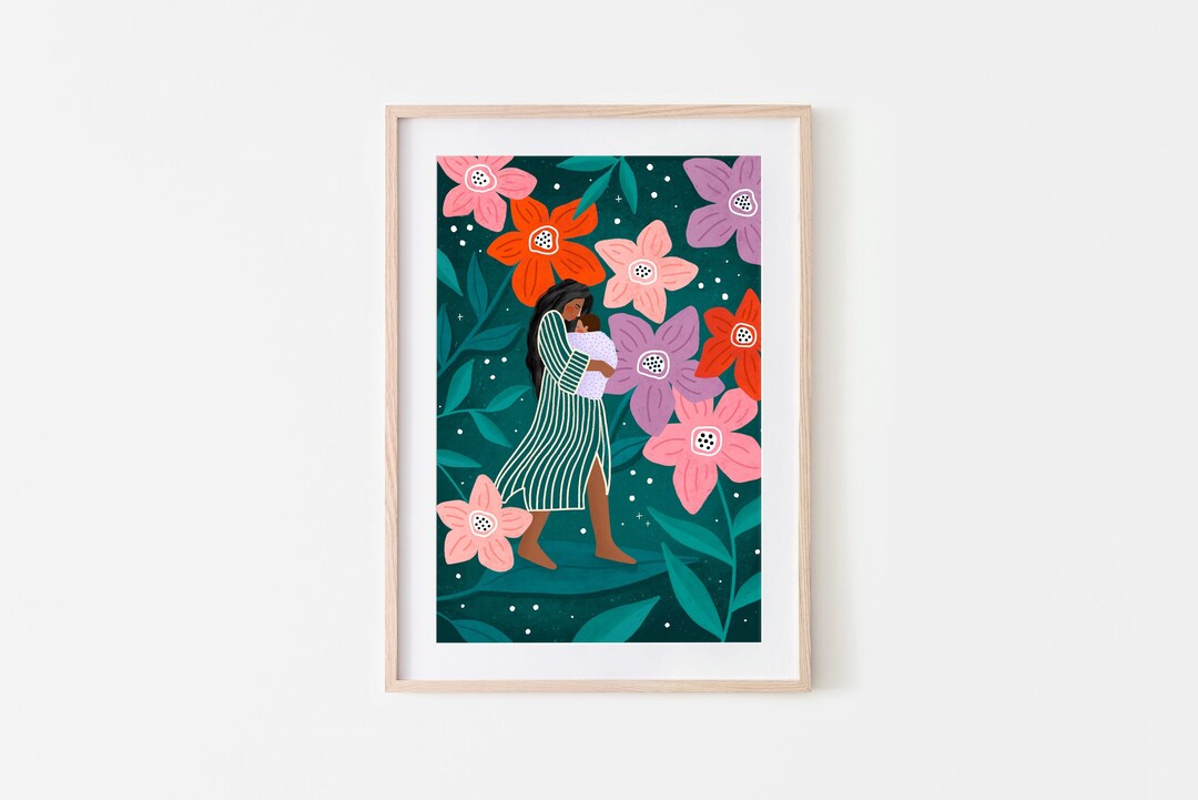 Mum and Baby in Floral Garden, Motherhood Art Print, New Mum Poster ...