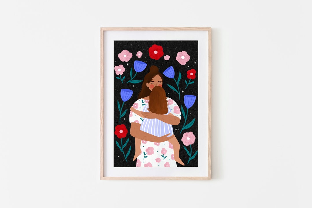 Mum Cuddles, Motherhood Art Print, Floral Illustration, Mama Daughter ...