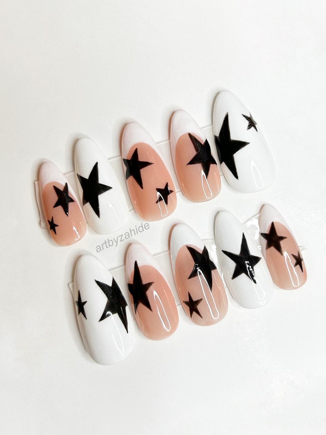 White French Tip With Black Stars Press-on Nails - Etsy